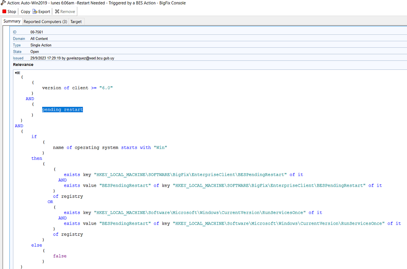 How to configure an action/policy to do a restart (Triggered by a BES Action) every Monday ...